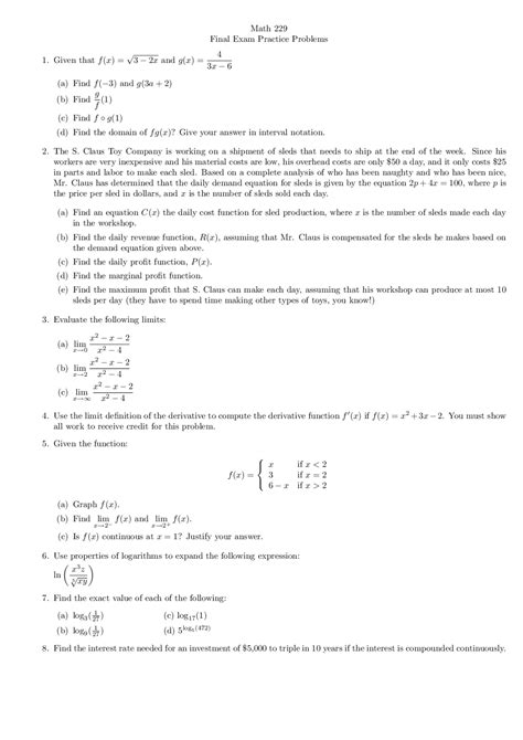 Math 229 Final Exam Practice Problems Exams Pre Calculus Docsity