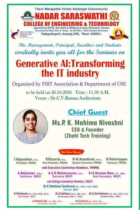 Zhahi Tech Training On Linkedin Zhahitechtraining Theni Genai Seminar Nscet Fist