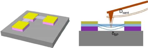 schematic of doubly clamped beam structure for 2d material before and