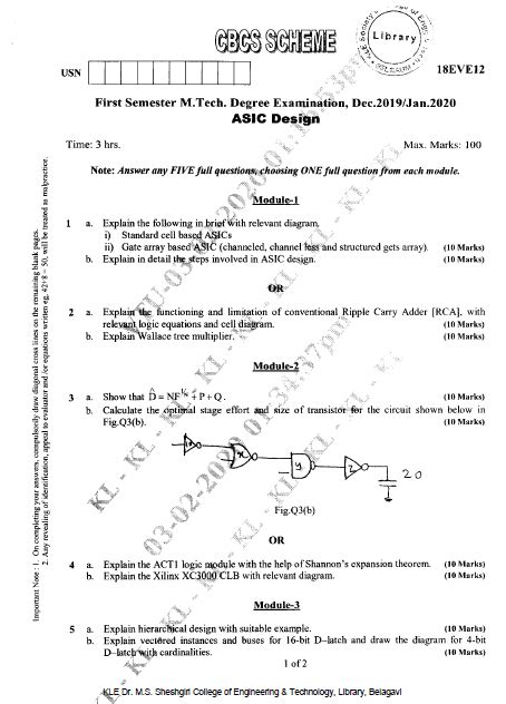 Visvesvaraya Technological University Mtech Vlsi Cbcs First Semester 18eve12 Asic Design