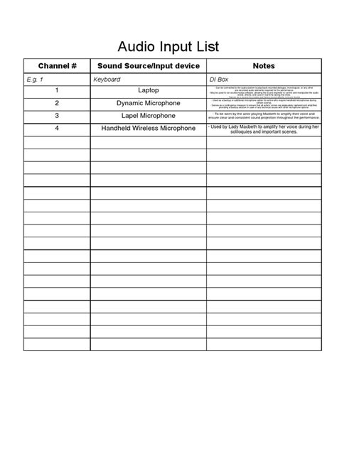 Audio Input List Pdf