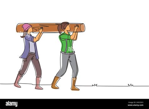 single one line drawing couple of woman lumberjack laborers carrying