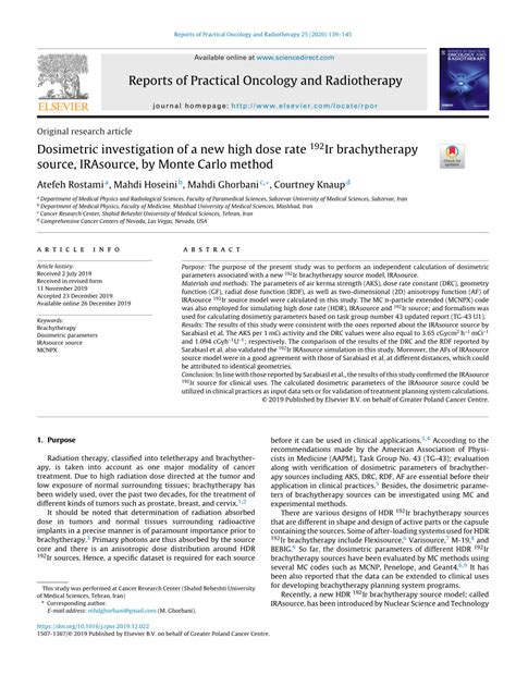 Pdf Dosimetric Investigation Of A New High Dose Rate 192ir Brachytherapy Source Irasource By