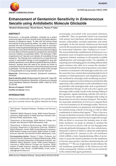 Pdf Enhancement Of Gentamicin Sensitivity In Enterococcus Faecalis