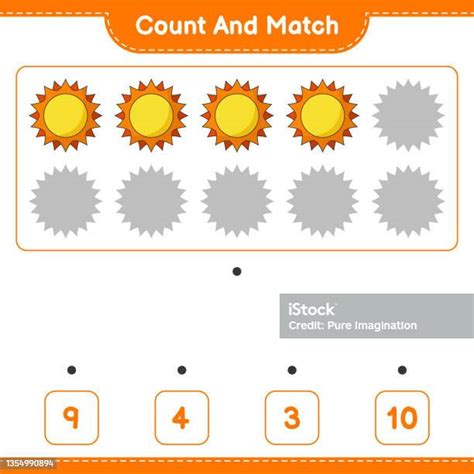수계산 및 일치 태양의 수를 계산하고 올바른 숫자와 일치합니다 교육 어린이 게임 인쇄 워크 시트 벡터 일러스트레이션 0명에 대한 스톡 벡터 아트 및 기타 이미지 Istock