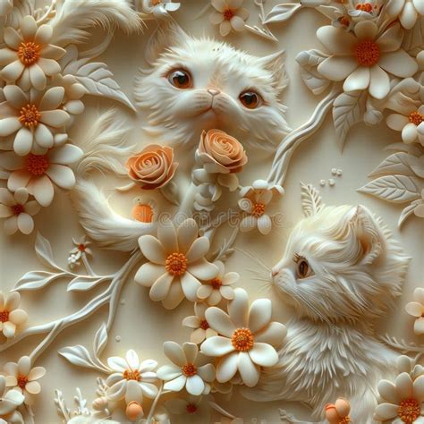 3d Seamless Pattern Of A Cat And Cherry Blossom Tileble Pattern Stock
