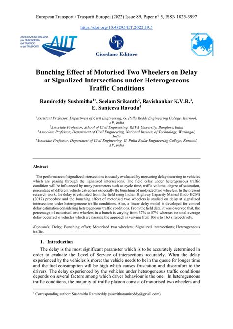 Pdf Bunching Effect Of Motorised Two Wheelers On Delay At Signalized Intersections Under