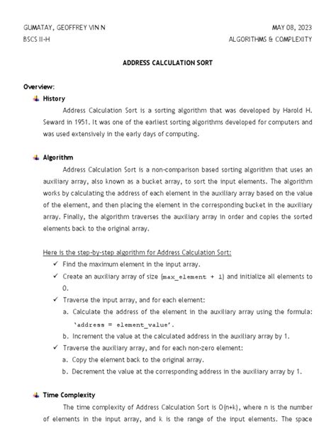 Address Calculation Sort Explained Pdf Time Complexity Mathematics