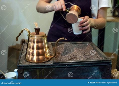Cooking Traditional Turkish Coffee in Copper Jezva Pot, Selective Focus ...