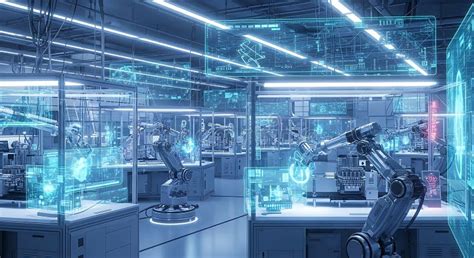 Automated Factory Floor With Robotic Arms And Digital Interfaces Stock Image Image Of