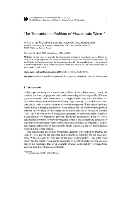 Pdf The Transmission Problem Of Viscoelastic Waves