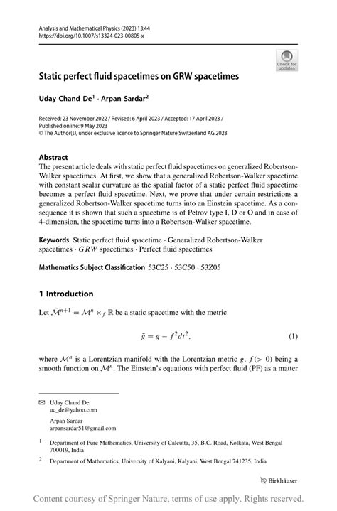 Static Perfect Fluid Spacetimes On Grw Spacetimes Request Pdf