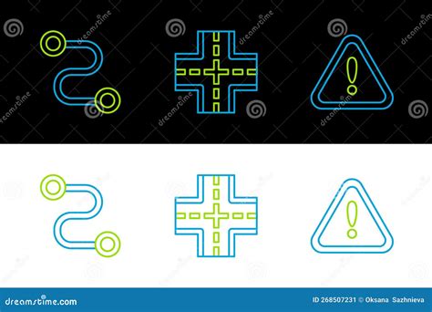 Set Line Exclamation Mark In Triangle Route Location And Road Traffic Sign Icon Vector Stock