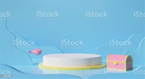 받침대 우승자 디스플레이 제품 무대 디자인을 위한 보물 상자가 있는 파란색 파스텔 배경 장면에 흰색 포디움 스탠드의 추상3d