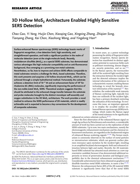 Pdf 3d Hollow Mos2 Architecture Enabled Highly Sensitive Sers Detection