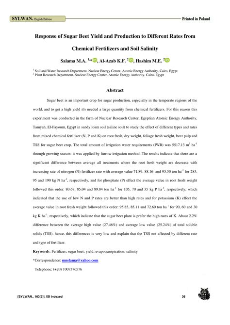 pdf response of sugar beet yield and production to different rates