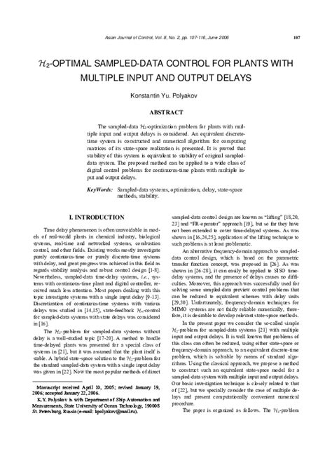 Pdf H2optimal Sampled Data Control For Plants With Multiple Input And