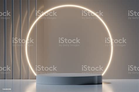 제품 배치 모형 원형 무대 중앙에 흰색 연단 링 라이트가 있습니다 중립적 인 배경입니다 연단에 제품 배치 제품 소개 공지 사항 설정 3d 그림 링라이트에 대한 스톡 사진 및
