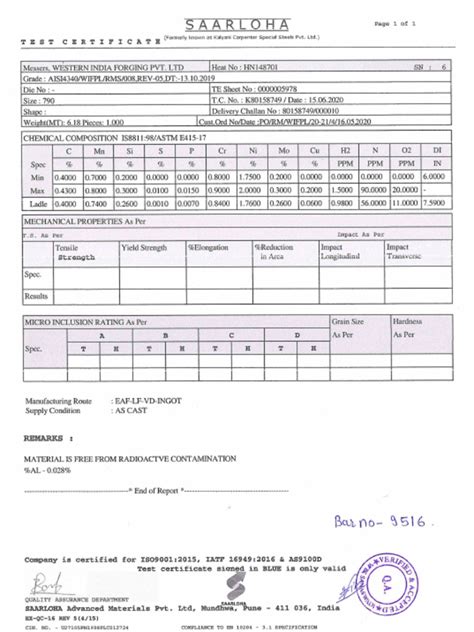 Material Test Certificate Pdf