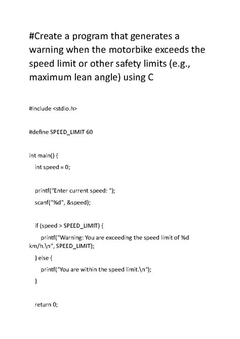 other safety limits c program that generates a warning when the motorbike exceeds the speed