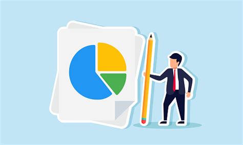 한 사업가가 연필을 들고 파이 차트가 있는 종이 옆에 서 있는데 이는 배당금 분배 보고서를 준비하는 그림입니다 개념에 대한 스톡 벡터 아트 및 기타 이미지 Istock