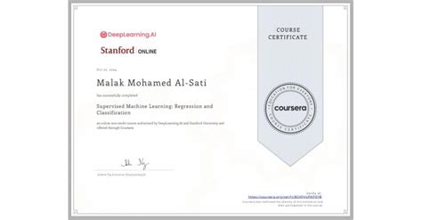 Malak Mohamed Al Sati On Linkedin Completion Certificate For Supervised Machine Learning