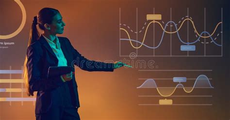 Confident Woman Explains Complex Data Backed By Colorful Visual Graphs On Large Screen Neon