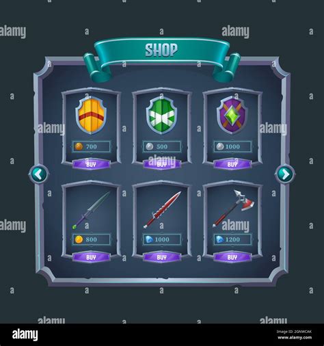 Rpg Game Shop Menu Panel With Medieval Weapon Swords Axe And Shields In Metal Frames Cartoon
