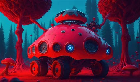 Premium Photo Red Little Robot In The Forest Surrounded By Mushrooms