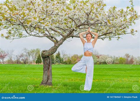 Woman Meditating In Yoga Vrksasana Tree Pose At The Park Stock Image Image Of Balance