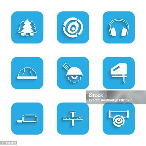 전기 원형 톱 금속 손톱 양손 및 로그 퍼즐 쇠톱 작업자 안전 헬멧 헤드폰 및 크리스마스 트리 아이콘을 설정합니다 벡터 강철에 대한 스톡 벡터 아트 및 기타 이미지 Istock