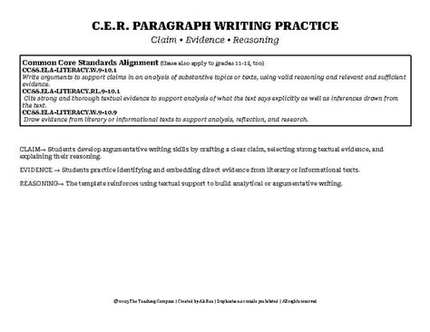 Cer Paragraph Practice W Examples Claim Evidence Reasoning Organizer