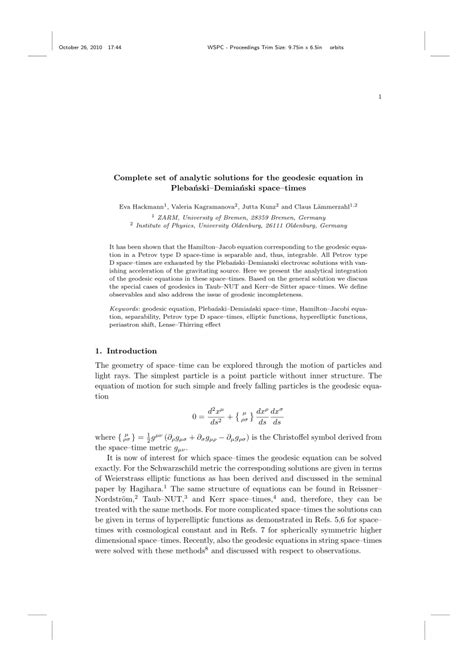 Pdf Complete Set Of Analytic Solutions For The Geodesic Equation In Plebański Demiański Space Time