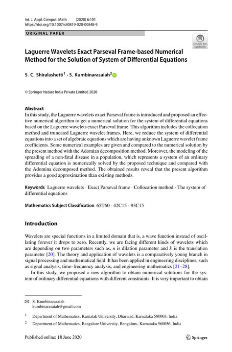 Pdf Laguerre Wavelets Exact Parseval Frame Based Numerical Method For The Solution Of System