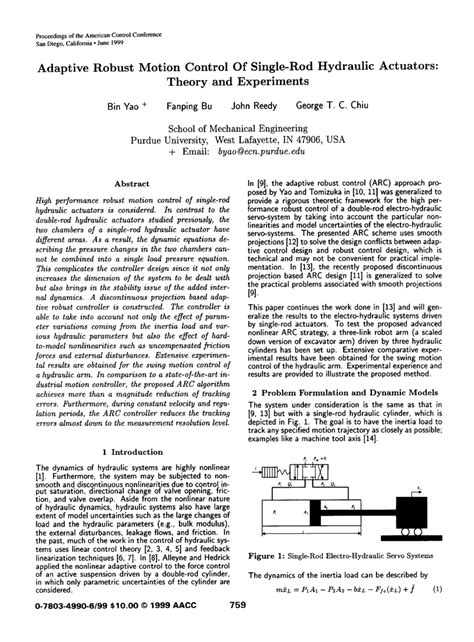 Pdf Adaptive Robust Motion Control Of Single Rod Hydraulic Actuators