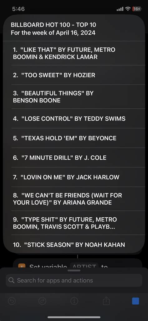 Display Current Weeks Billboard Hot 100 Top 10 Rshortcuts