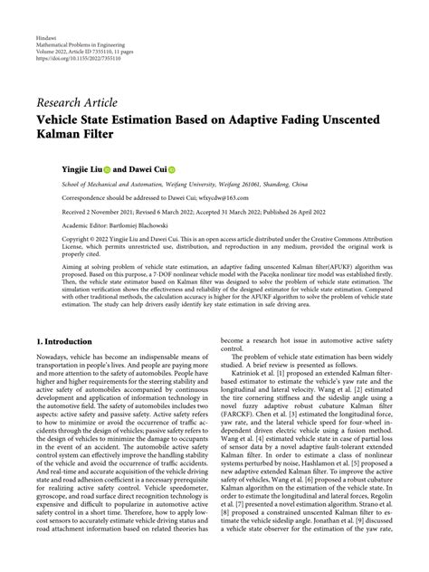 Pdf Vehicle State Estimation Based On Adaptive Fading Unscented Kalman Filter