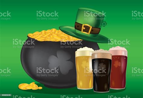 에 대 한 금화의 냄비입니다 모자 그리고 성 패 트 릭의 날에 대 한 맥주입니다 초대 또는 휴일 인사말 카드입니다 텍스트 또는 광고를 위한 여유 공간입니다 벡터입니다 0명에