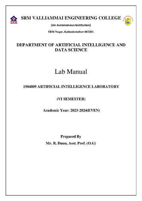 Artificial Intelligence Experiments Srm Valliammai Engineering College An Autonomous