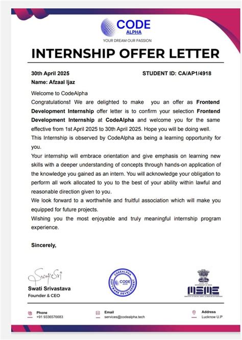 Codealpha Internship Fronend Newjourney Html Css Js Offerletter