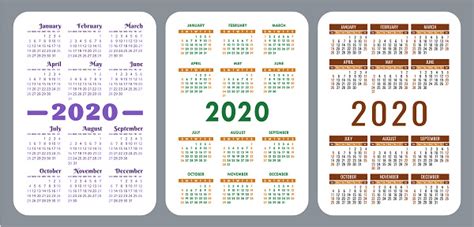 2020년 포켓 캘린더 세트 벡터 디자인 컬렉션입니다 컬러 잉글리시 캘린더 인쇄를 위한 기본 템플릿입니다 주 시작 일 0명에