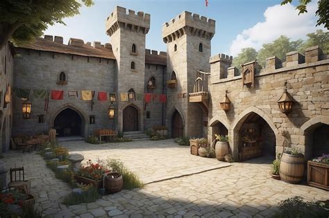 Premium Photo A Medieval Castle Courtyard Surrounded By Stone Walls