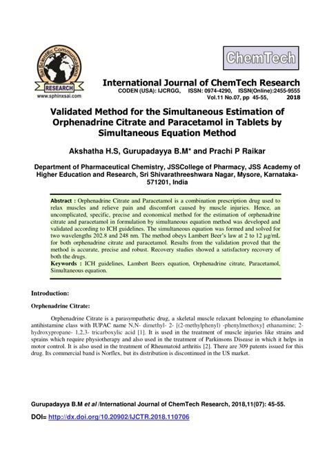 Pdf Validated Method For The Simultaneous Estimation Of Orphenadrine Citrate And Paracetamol