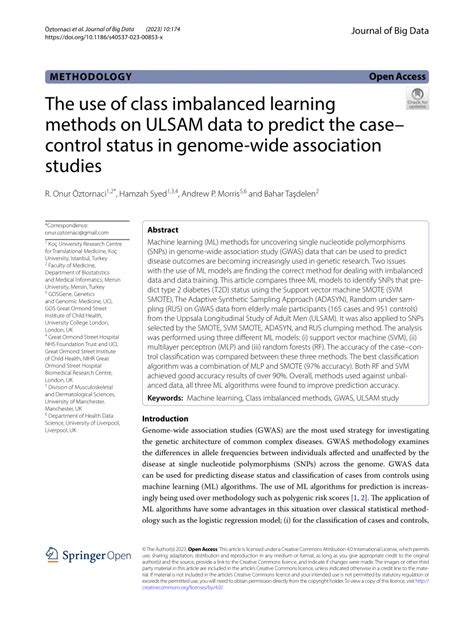 Pdf The Use Of Class Imbalanced Learning Methods On Ulsam Data To Predict The Case Control