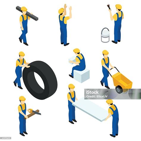 벡터 등대 작업자 시공 건축업자의 양식 세트 등측투영법에 대한 스톡 벡터 아트 및 기타 이미지 등측투영법 육체 노동자 3