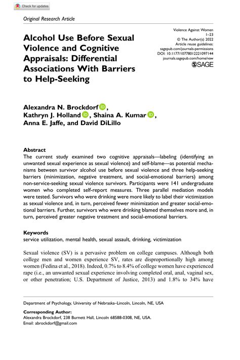 Pdf Alcohol Use Before Sexual Violence And Cognitive Appraisals Differential Associations