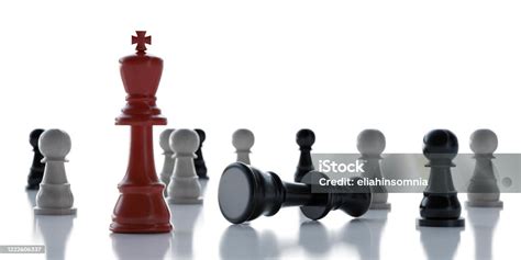 체스 게임 흰색 배경 3d 렌더링 그림에 빨간 왕 그림과 타락한 여왕과 폰 0명에 대한 스톡 사진 및 기타 이미지 0명 경쟁 계획 Istock