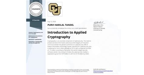 Completion Certificate For Introduction To Applied Cryptography Purvi Tandel Ph D