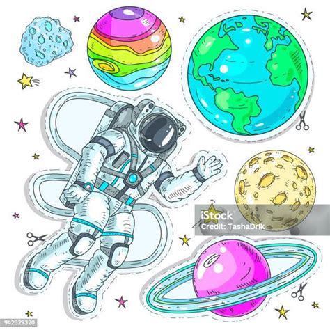 일러스트 벡터 만화 스타일이 다채로운 아이콘 스티커 우주 비행사 우주인 행성으로 둘러싸인 공간에서 파리 0명에 대한 스톡 벡터 아트 및 기타 이미지 Istock