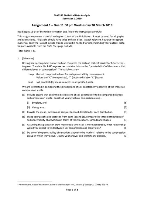 assign 1 page 1 of 2 mas183 statistical data analysis semester 1